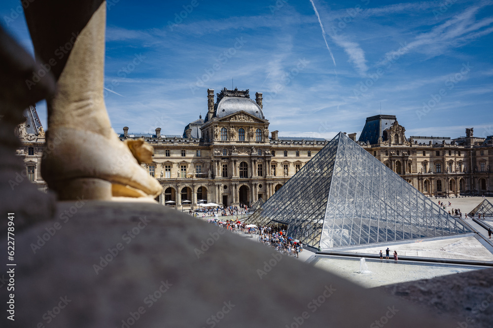 Aerial view of the courtyard Pyramid of the Louvre Museum in Paris vith ...