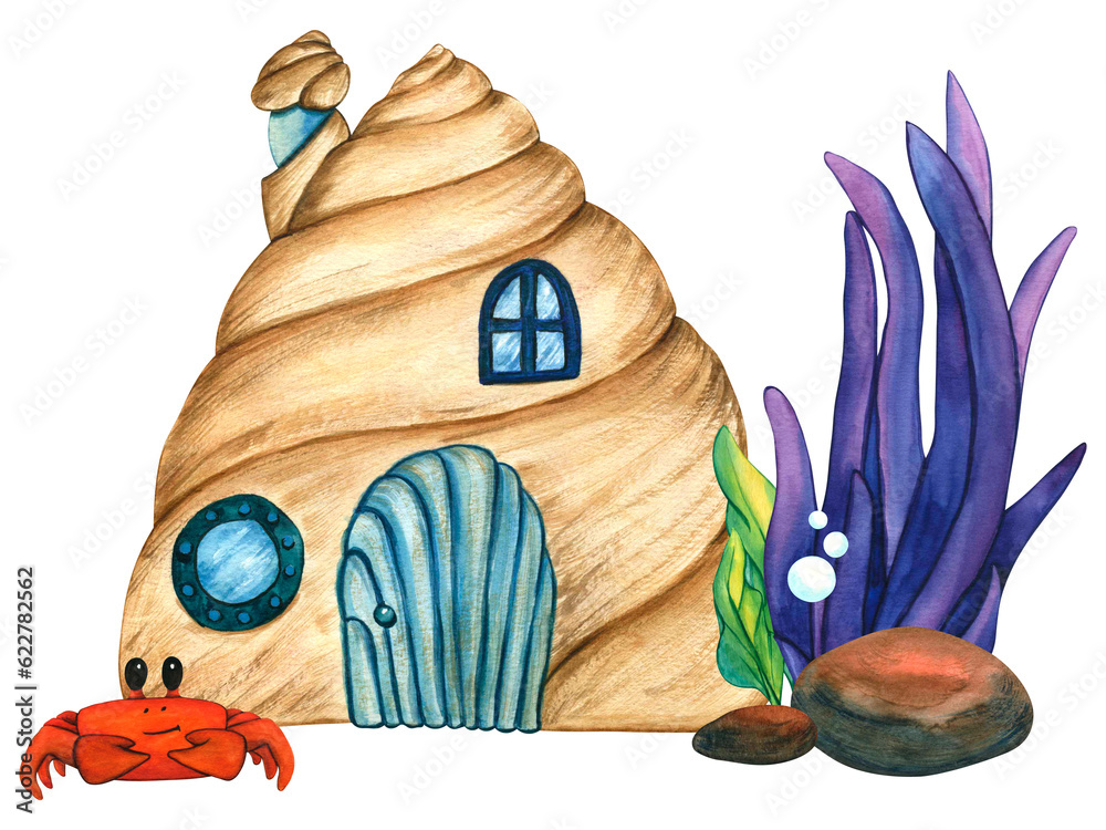 Watercolor illustrations shell house, crab and violet seaweed. Seabed ...