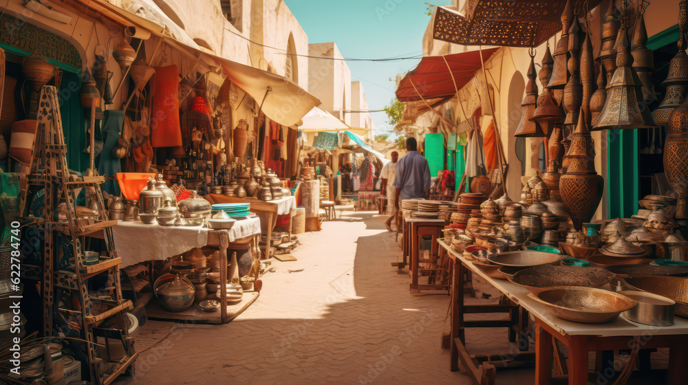 Colorful shopping street in the style of Djerba featuring pottery ...