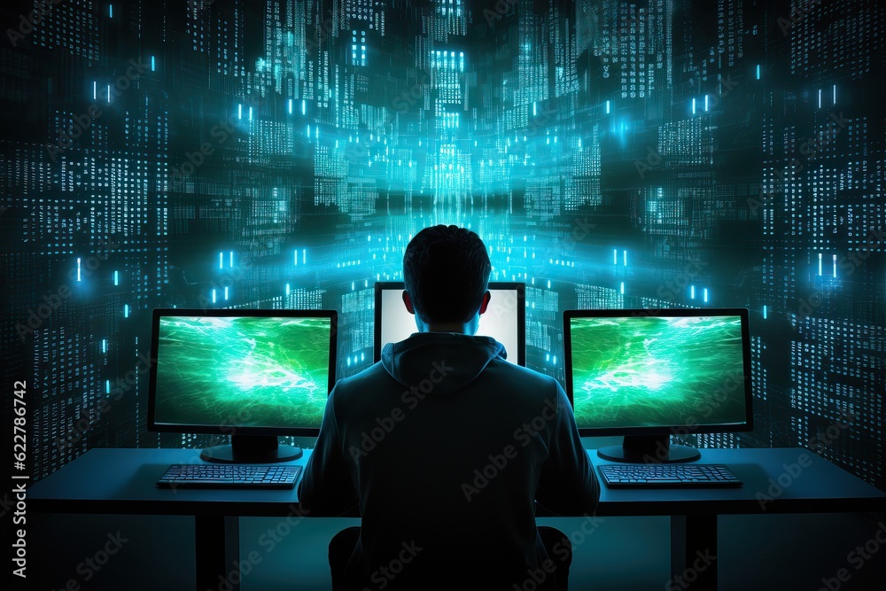 Back view of a hacker infront of few monitors. A person sitting in ... Back view of a hacker infront of few monitors. A person sitting in ...