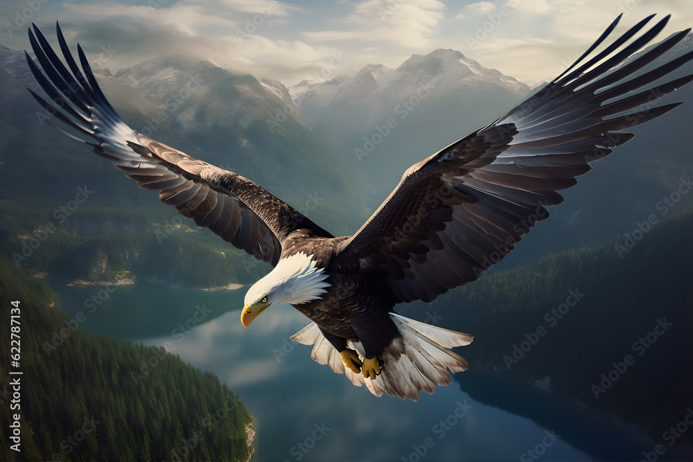 Bird's Eye View: A soaring bald eagle in flight over a mountain range ...