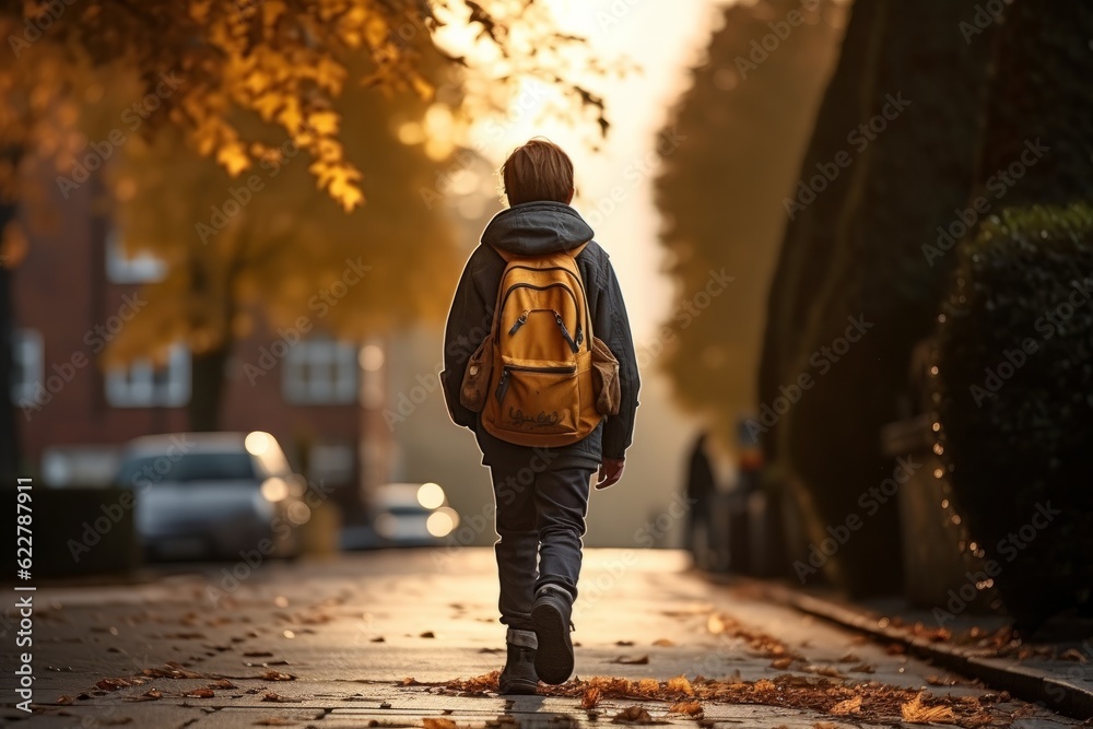 young boy walking alone on the streets with a schoolbag going back to ...