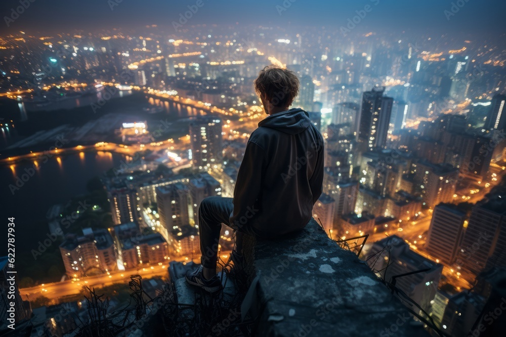 young boy sitting down on the rooftop of a skyscrapper looking down to ...