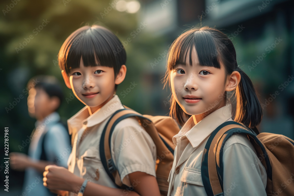 Generative AI illustration portrait of side view Asian school children ...