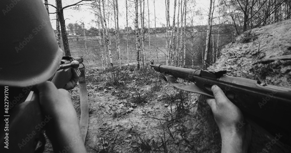 Re-enactors Dressed As Soviet Russian Soldier Aiming With Rifles ...