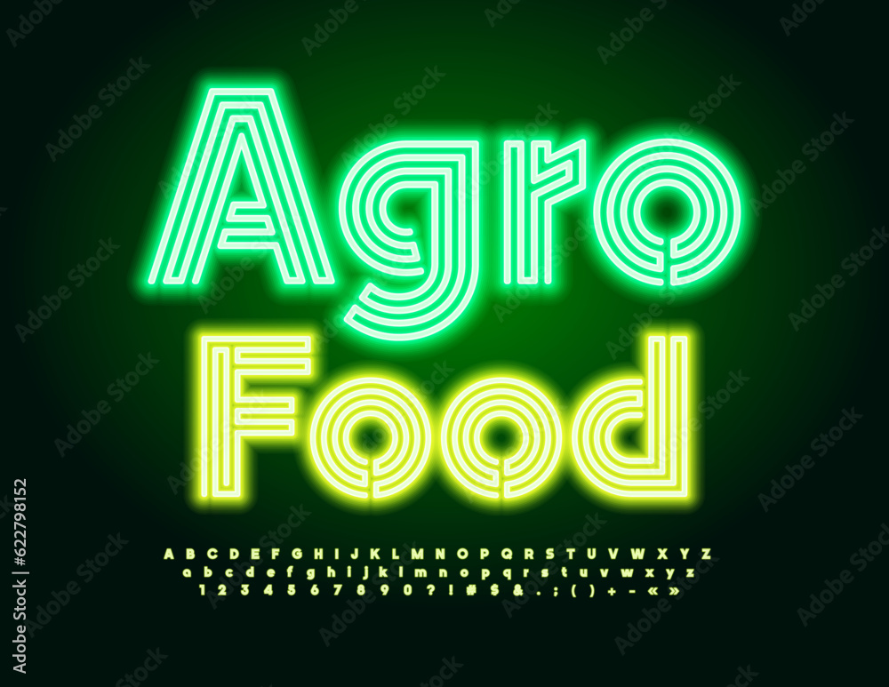 Vector glowing emblem Agro Food. Illuminated Neon Font. Light Tube ...