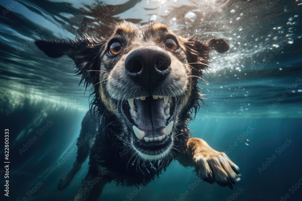 Underwater funny photo of dog, dive deep down. Summer vacation with pet ...