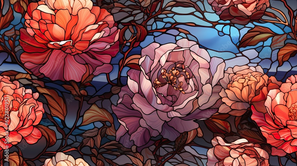 Stained glass seamless texture with peonies. Seamless interior texture ...