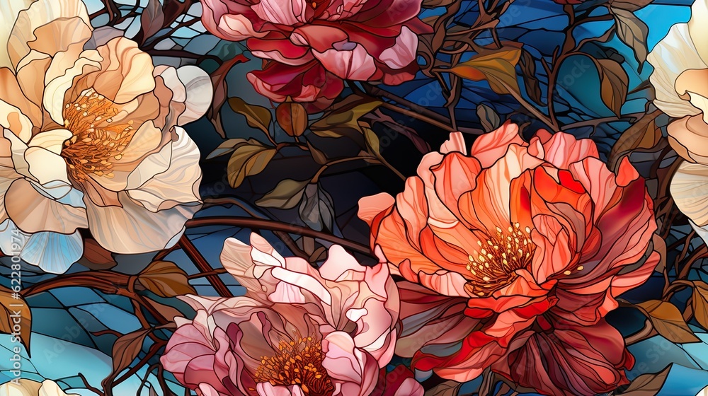 Stained glass seamless texture with peonies. Seamless interior texture ...