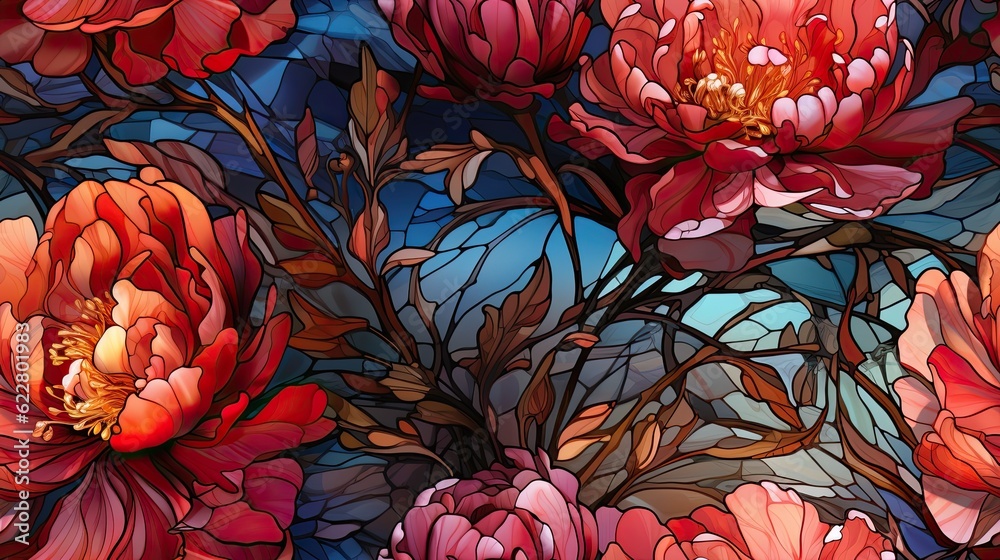 Stained glass seamless texture with peonies. Seamless interior texture ...