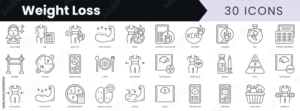 Set of outline weight loss icons. Minimalist thin linear web icon set ...