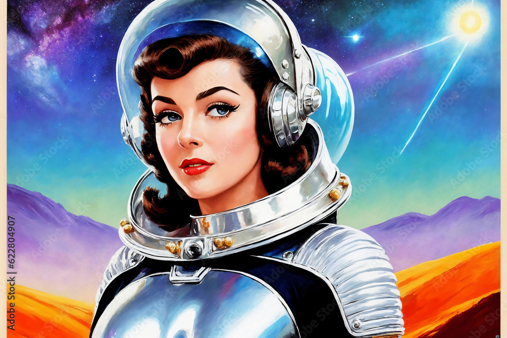 Portrait of a beautiful woman in a polished aluminum suit as an ...