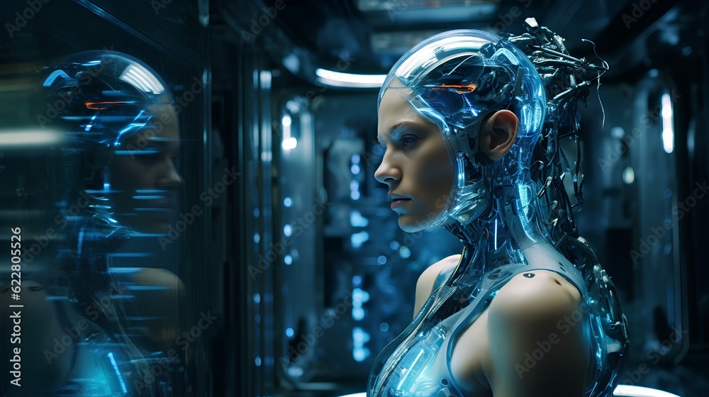A cybernetic woman, part-human part-machine, standing within a high ...