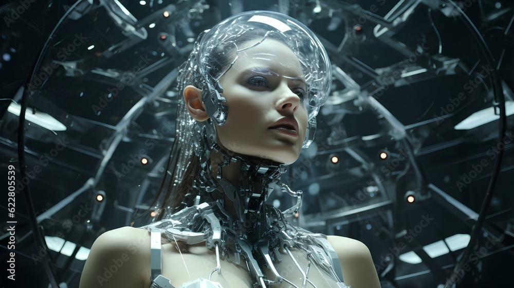 A cybernetic woman, part-human part-machine, standing within a high-tech laboratory, surrounded ...