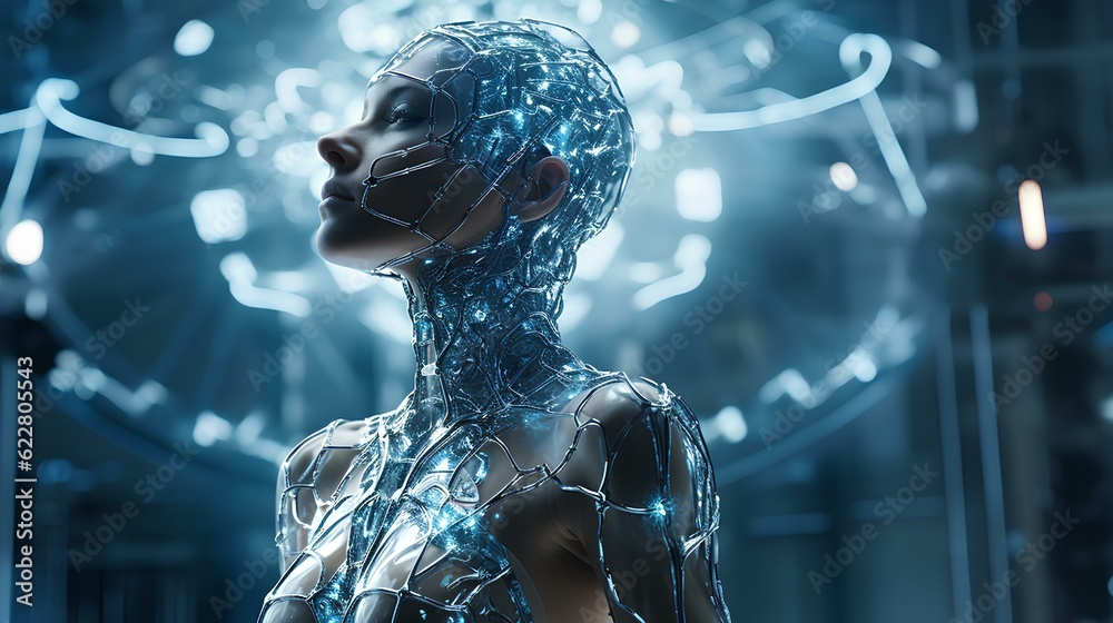 A cybernetic woman, part-human part-machine, standing within a high ...