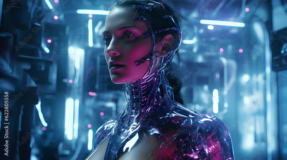 A cybernetic woman, part-human part-machine, standing within a high ...