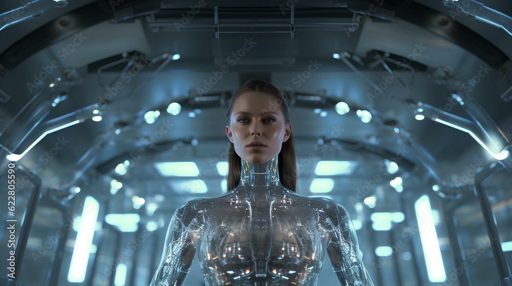 A cybernetic woman, part-human part-machine, standing within a high-tech laboratory, surrounded ...