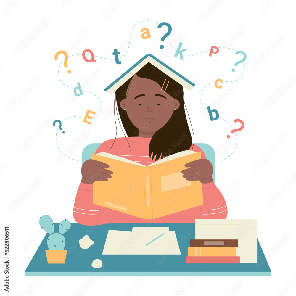 Cartoon dyslexic girl with anxiety on face learning, reading at school ...