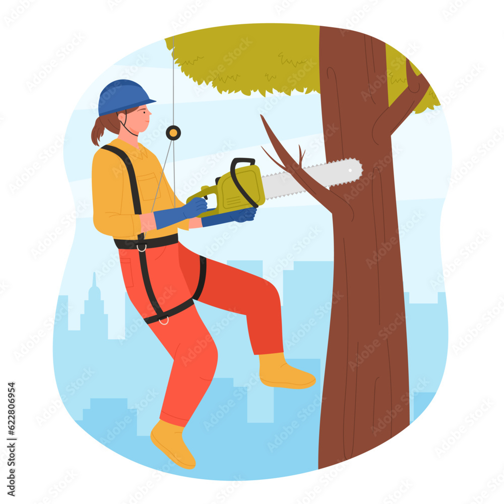 Arborist with chainsaw cutting city park tree vector illustration ...