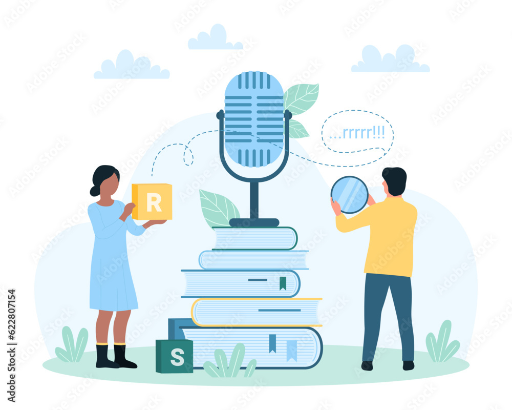 Speech therapy for voice pathology vector illustration. Cartoon tiny ...