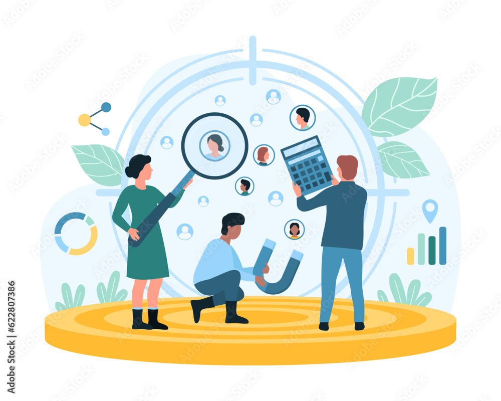 Focus group research service vector illustration. Cartoon tiny people ...