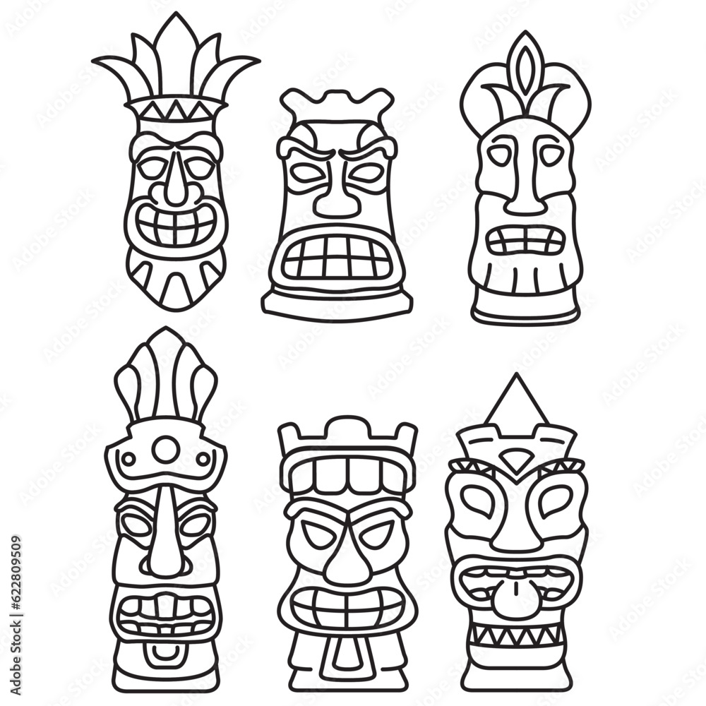 Set hawaiian tiki god masks.Hand drawn tiki outline.Thin line art ...