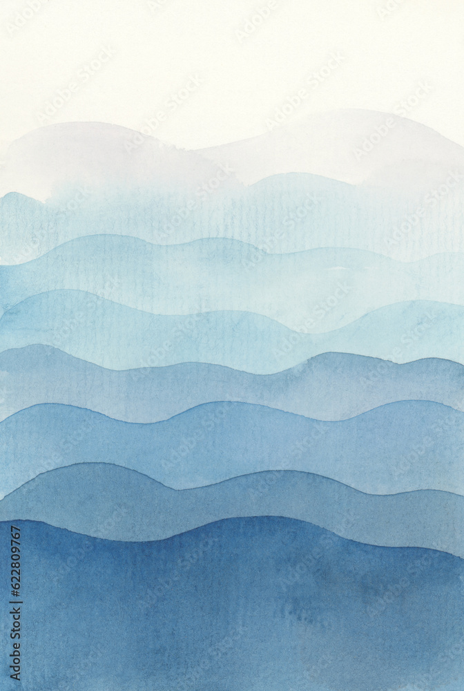 Ink Wave watercolor hand drawn strip blue stain blot painting. Paper ...