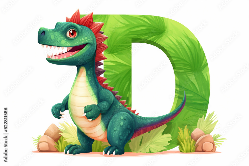 Colorful dinosaur letter D for kids isolated on white background, funny ...