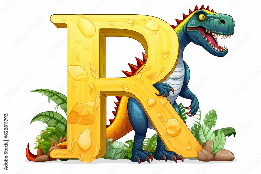 Colorful dinosaur letter R for kids isolated on white background, funny ...