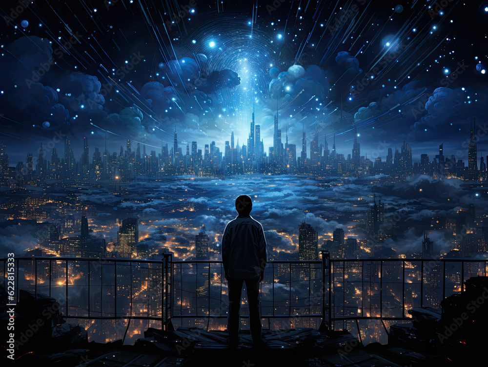 Shining stars adorn the starry night sky with a silhouette of a ...