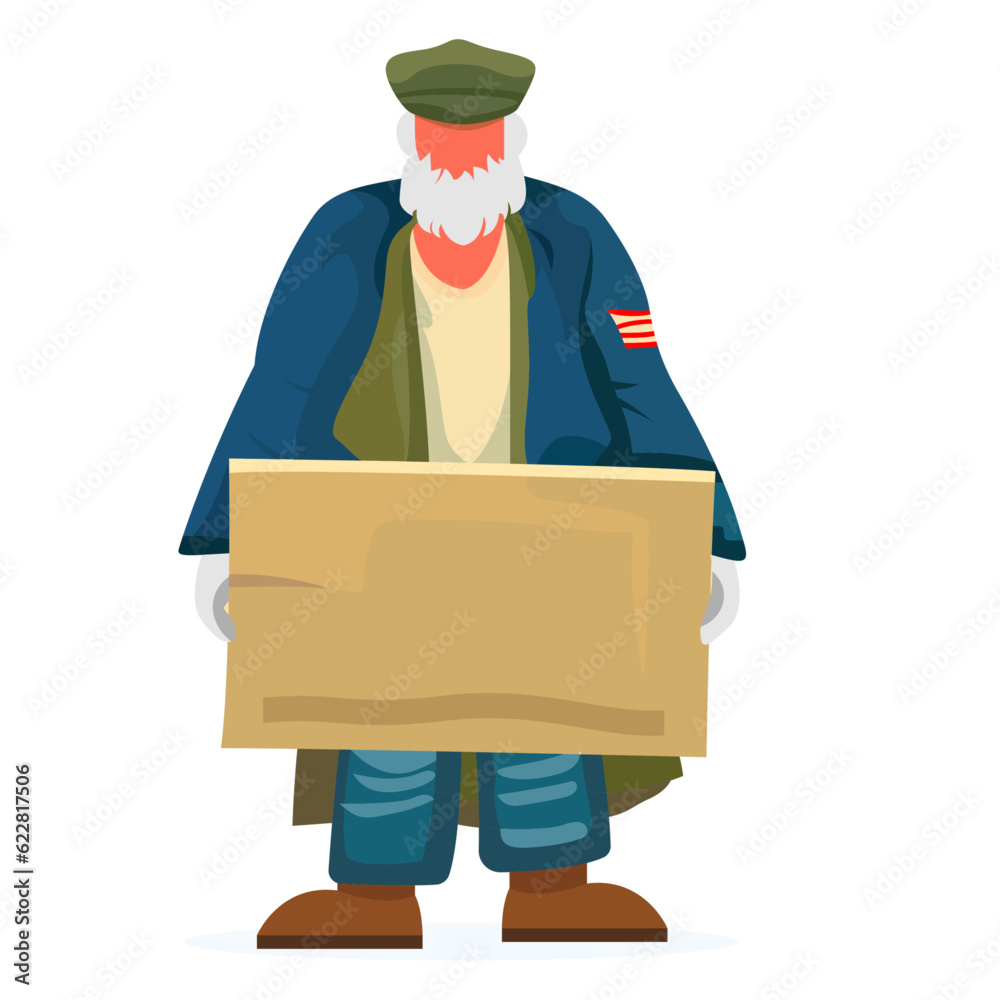 homeless veteran holding a sign flat style vector illustration ...