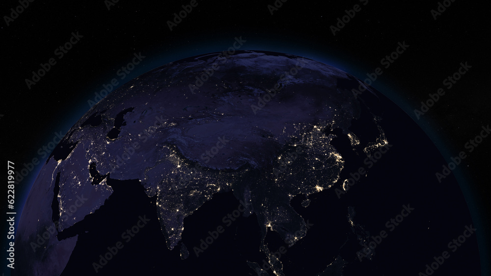 Planet Earth focused on Asia by night. Illuminated cities on dark side ...