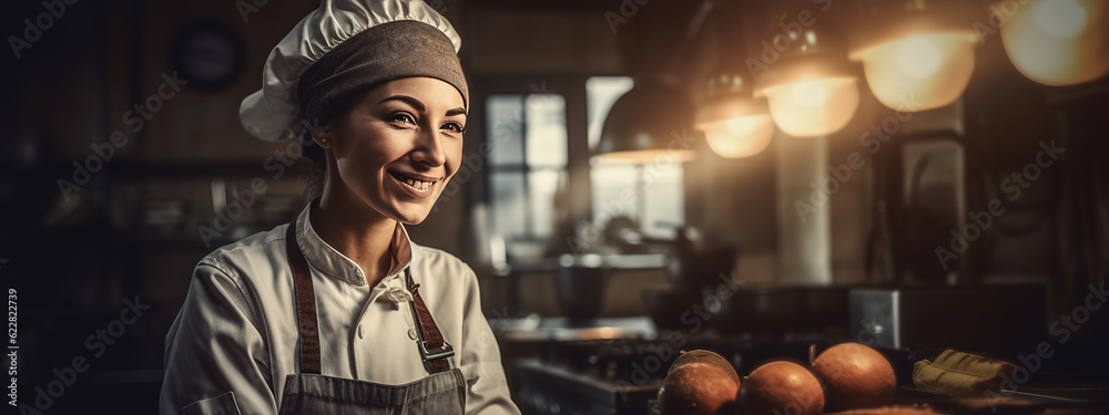 Beautiful woman chef in her restaurant kitchen smiling. Fictional ...