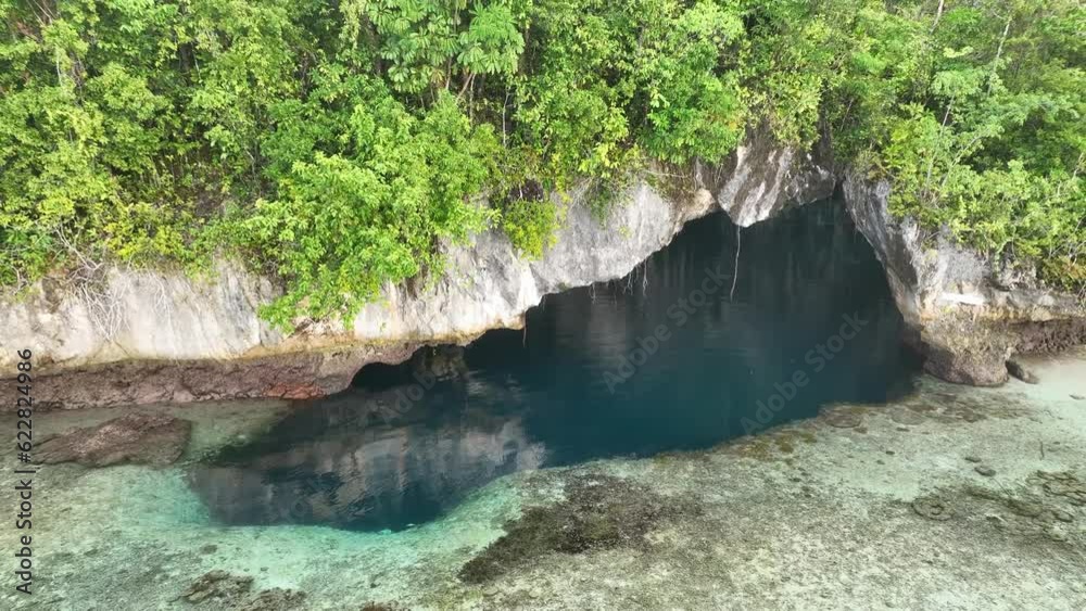Ocean water fills a collapsed cave on a remote, jungle-covered island ...