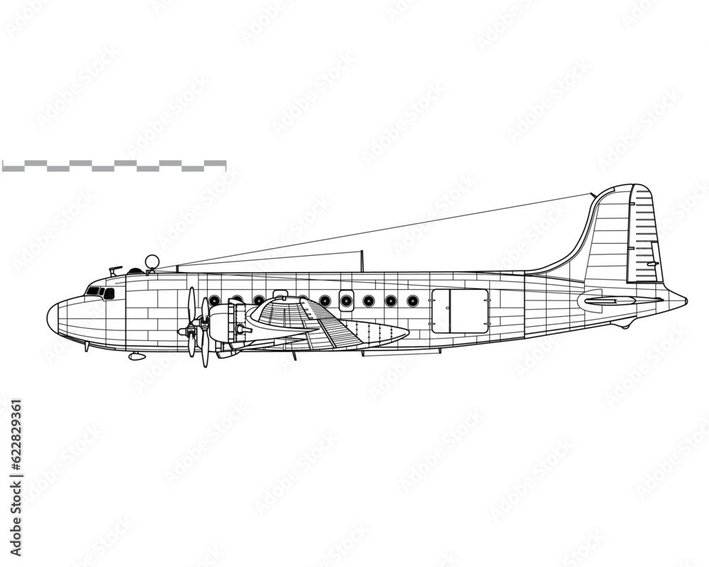 Douglas C-54 Skymaster. Vector drawing of WW2 transport aircraft. Side ...