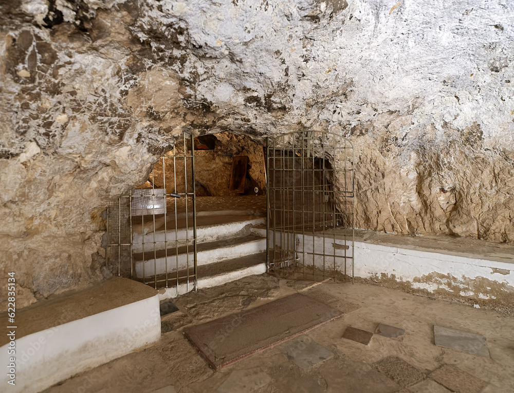 The iron gate of the cave on the Mount of Temptation where Jesus Christ ...