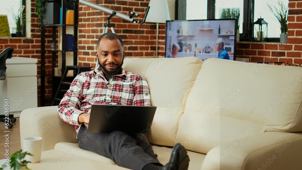 Employee having online discussion with coworker in video call meeting ...