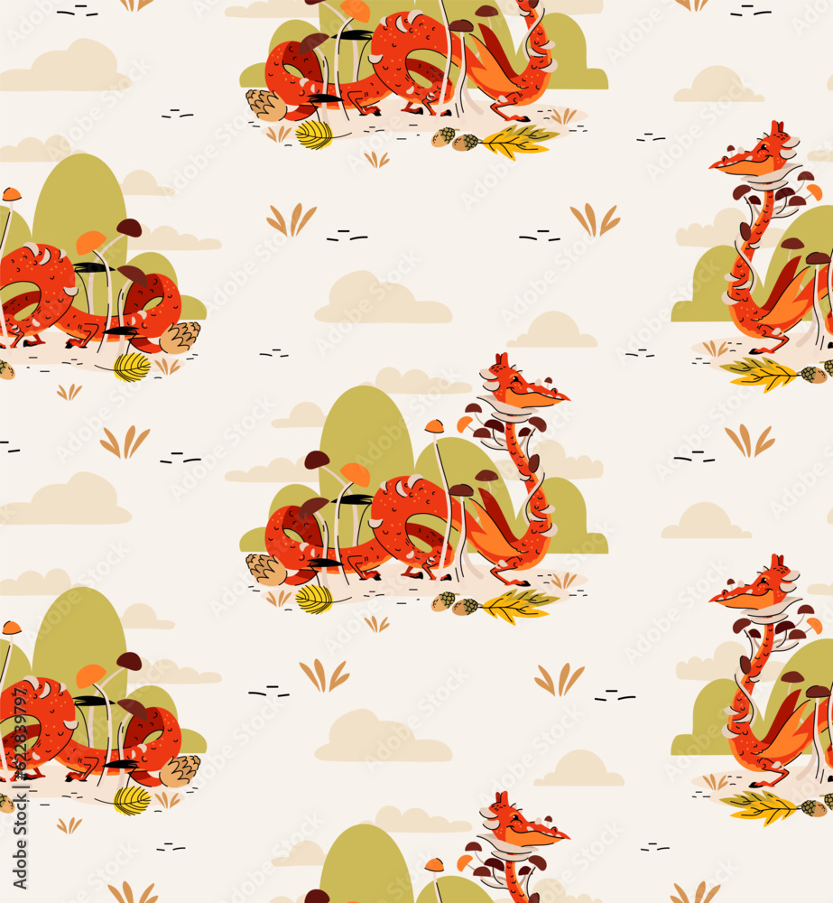 Dragon seamless pattern vector with mushroom and clouds on beige ...
