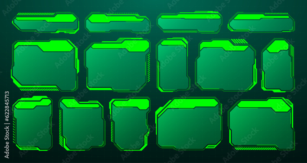 Green futuristic HUD, UI elements. Sci-fi user interface text boxes ...