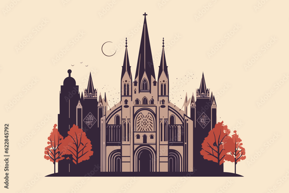 Doodle inspired Gothic cathedral, cartoon sticker, sketch, vector ...