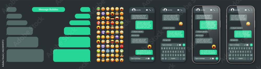 Smartphone messaging app, user interface with emoji. SMS text frame ...