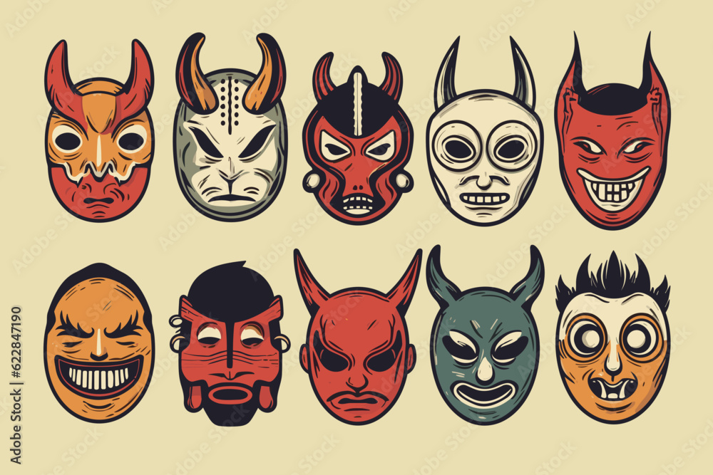 Doodle inspired Scary mask, cartoon sticker, sketch, vector ...