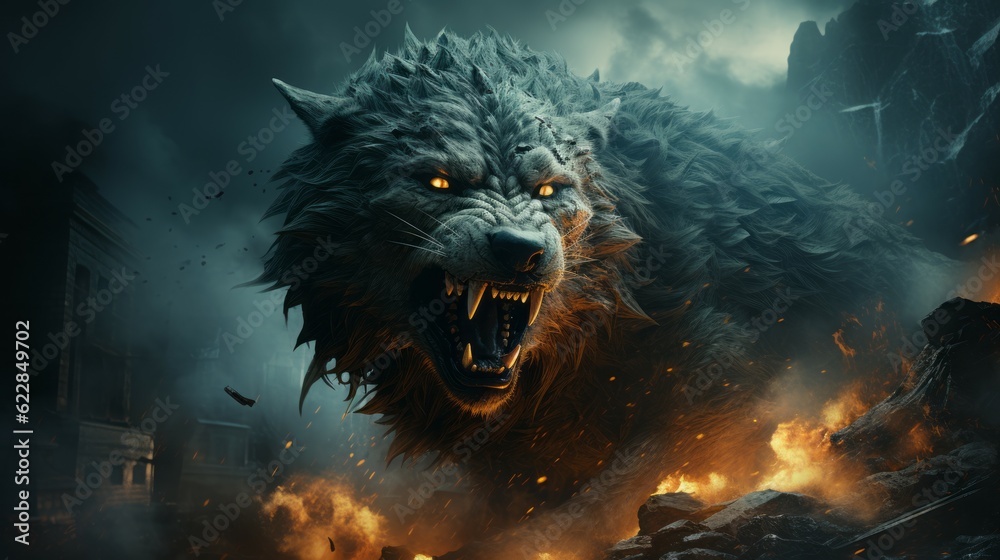 Furious wolf in the fire of destruction. Angry furry wolf with a growl ...