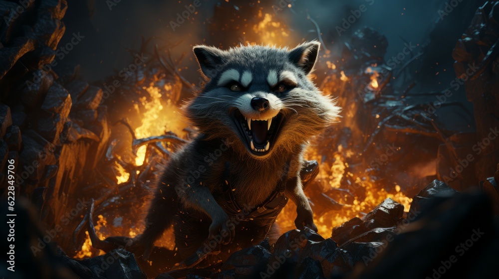 Furious raccoon in fire of destruction. Angry furry raccoon with a ...