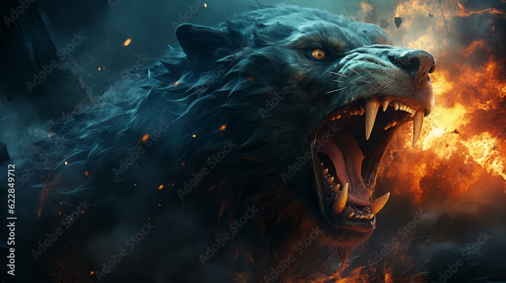 Furious bear in the fire of destruction. Angry furry brown bear with a ...