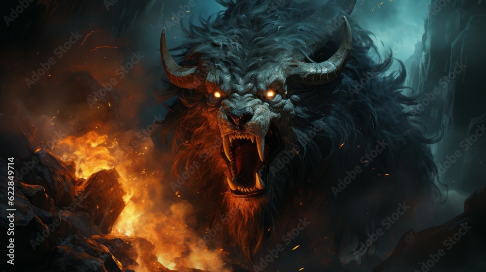 Angry beast with horns standing in the fire of destruction. Furious ...