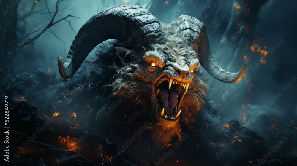 Angry beast with horns standing in the fire of destruction. Furious ...