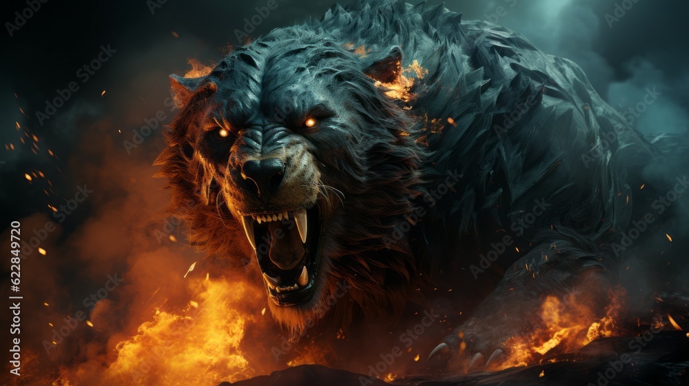 Furious bear in the fire of destruction. Angry furry brown bear with a ...
