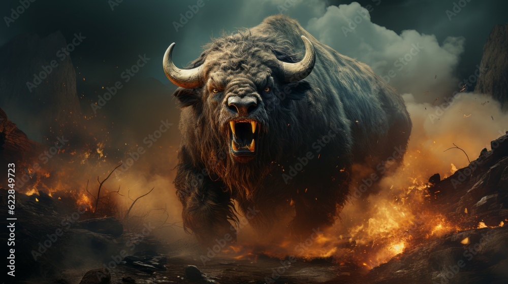 Angry bison with horns standing in the fire of destruction. Furious ...