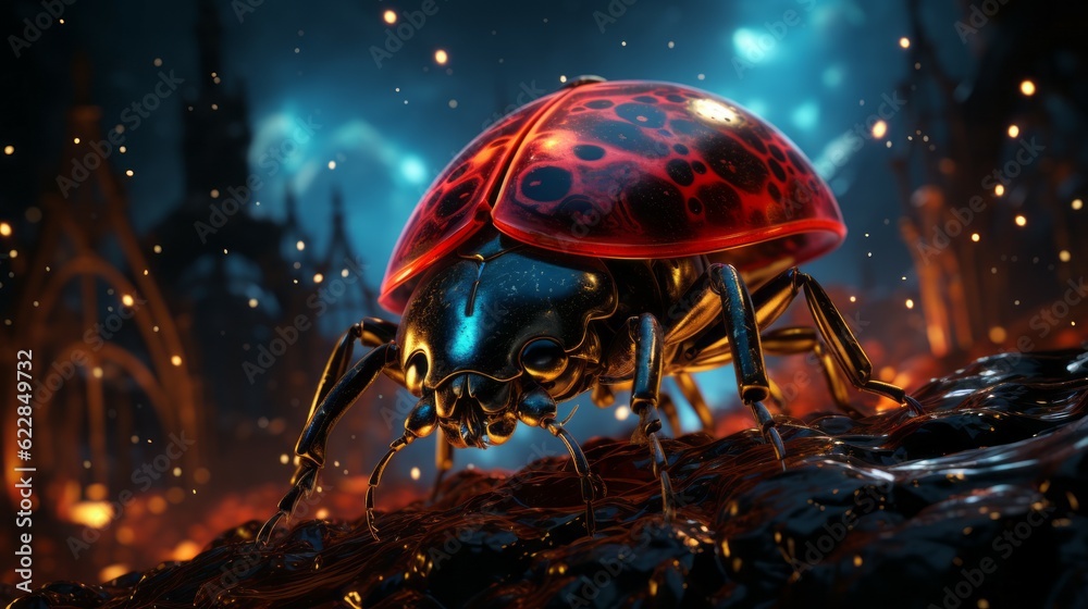 Angry ladybug in the fire of destruction. Angry bug from hell with a ...